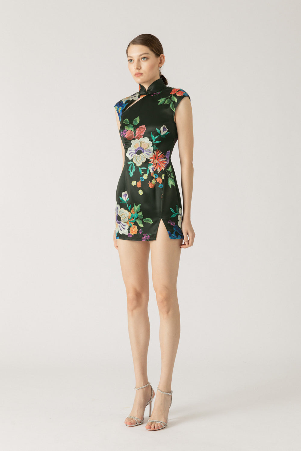 Devon Floral Print Satin Cheongsam Mini Dress